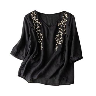 Generic Chemise en lin &agrave; manches 3/4 pour femme - Col en V - Broderie florale - Tunique r&eacute;tro - T-shirt jacquard l&eacute;ger et fluide - Chemisier boh&egrave;me, bleu mari