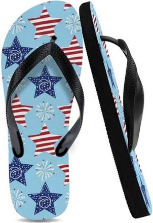 Generic Tongs unisexes pour homme, chaussons de bain &agrave; semelle souple, pantoufles de douche pour femmes et filles, cadeaux, &Eacute;toiles ray&eacute;es bleues et rouges, X