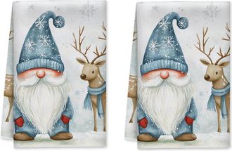 Generic Gnom-K&uuml;chent&uuml;cher, 2er-Set, Winter, gem&uuml;tlich, Rentier, Schneeflocken, Winter, blau, zum Trocknen, wiederverwendbar, Geschirrt&uuml;cher, K&uuml;chenutensilien,