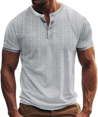 Generico Henley T-shirt homme blanc signé surdimensionné col en V Chemise décontractée légère en coton et lin confortable pour homme Slim Fit drôles de sport h