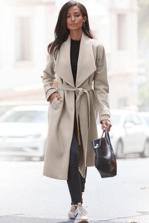 Lascana Langmantel LASCANA, Damen, Gr. 34, beige (sand), Web, Obermaterial: 100% Polyester. Futter: 100% Polyester, unifarben, figurumspielend knielang, M&auml;nte