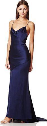Jarlo Damen Roxanne Maxikleid mit Wasserfallausschnitt und offenem Rücken Kleid, Navy, 42