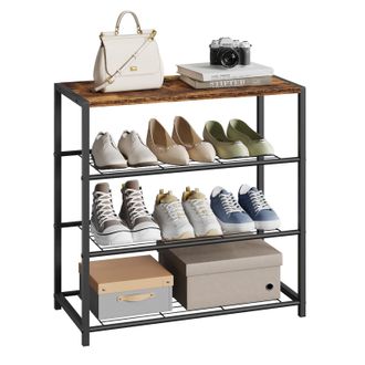 Woltu Schuhbank Schuhregal mit Sitzfl&auml;che Badregal Schuhablage Schuhkommode Schuhst&auml;nder Organizier Sitzbank mit 3 Ablagen f&uuml;r 9 Paar Schuhe Holz Metall