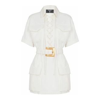 Balmain Kurzes geschn&uuml;rtes Kleid aus Canvas - - Dresses - Damen - Wei&szlig; - 2XS