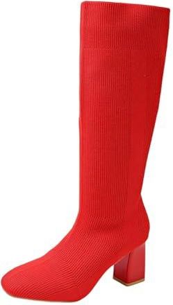 Generic Bottes mi-mollet en tricot extensible pour femme - &Eacute;l&eacute;gantes - Couleur unie - Respirantes - Talon &eacute;pais - Confortables - Chaudes - &Agrave; enfiler, Rouge, 3