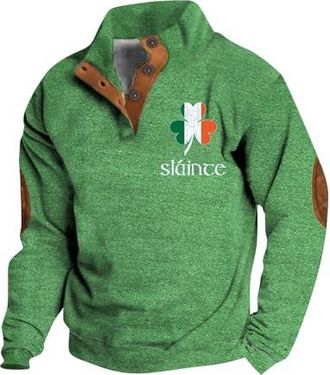 Generic Pull imprim&eacute; tr&egrave;fle vert pour homme sans capuche sweatshirt manches longues t-shirt dext&eacute;rieur avec 1/4 bouton pull de transition col montant haut con