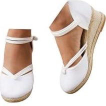 Generic Espadrilles compens&eacute;es pour femme en maille respirante &agrave; bout ferm&eacute; Chaussures dos nu Chaussures plates tendance avec sangle de cheville, a blanc, 35.
