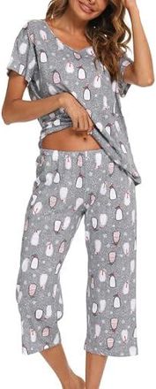 Mia Lucce Pyjama Femme Été Coton Manche Courte Ensemble Femme Ete avec T - Shirt à Manches Courtes et Capri 2 Pièces, S-XXXL