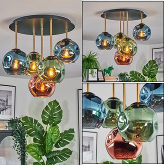 HOFSTEIN Deckenleuchte Ripoll, 5-flammige Deckenlampe aus Metall/Glas in Schwarz/Messing/Blau/Gr&uuml;n/Kupfer, Leuchte im Retro/Vintage-Design (Schirme &Oslash; 15 cm), E