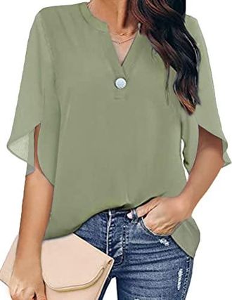 Minetom Femmes T-Shirts &agrave; Manches Courtes Et&eacute; Casual Top L&acirc;ch&eacute; Col V Hauts Tee Shirt Couleur Unie Blouse Mousseline de Soie Chemisier Tunique Y1 Vert 48