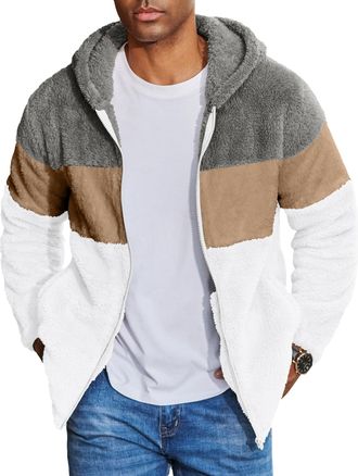 Coofandy Fleecejacke Sweatshirt f&uuml;r Herren Kapuzenpullover mit full Ziper Jacke &Uuml;bergangs Dunkel Grau+Braun+Wei&szlig; XXXL