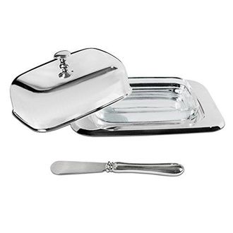 Silberkanne Butterdose mit Messer Versilbert 18cm - 4-tlg. Set Premium Silver Plated - Edle Butterglocke f&uuml;r die Fr&uuml;hst&uuml;ckstafel