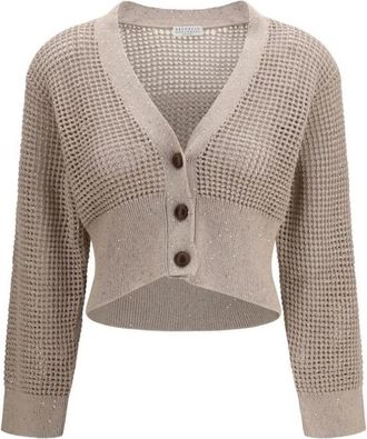 Brunello Cucinelli Femme, Pulls, Beige, Taille: 42 FR Gilet en maille de coton boutonn&eacute;e