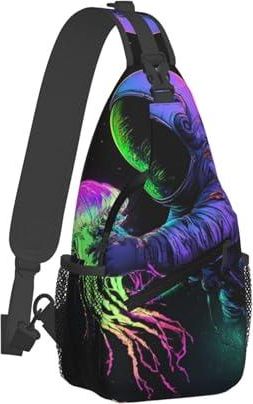 Generic R&eacute;glable Sacoche Homme Bandouliere Astronaute de lespace avec une m&eacute;duse lumineuse Sling Bag Polyester Crossbody Bag pour &eacute;cole Randonn&eacute;e Homme