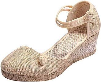 Minetom Espadrille Femme Mode Sandales Compensées Talon Plateforme Lanière Cheville Chic Boucle Sandale Elegantes Talons Hauts Chaussures Beige 38 EU