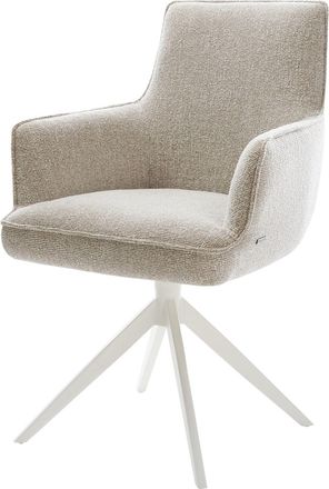 DELIFE Esszimmerstuhl Heira-Flex mit Armlehnen Kreuzgestell breit Wei&szlig; Webstoff Soft Beige 360&deg; drehbar Wippfunktion Taschenfederkern