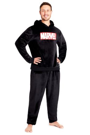 MARVEL Schlafanzug Herren Lang, Fleece Hausanzug Herren Pyjama mit Hoodie Herren Oberteil(Schwarz, L)