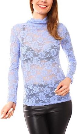 Easy Young Fashion T-shirt à manches longues pour femme avec dentelle - Col montant transparent - Coupe skinny 1096 (XS-M), bleu clair, taille unique