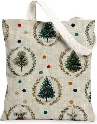 Generic Sacs fourre-tout en toile de No&euml;l, sacs &agrave; provisions r&eacute;utilisables, motif arbre festif, sacs de courses rustiques, respectueux de lenvironnement, l&eacute;ge