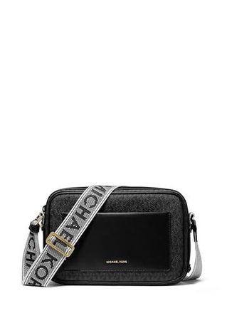 Michael Kors Femme Large Pocket Crossbody Bag Maeve Sac &agrave; bandouli&egrave;re Grande Poche, Mat&eacute;riel dor&eacute;/Signature MK avec Sangle Logo Kors/Noir