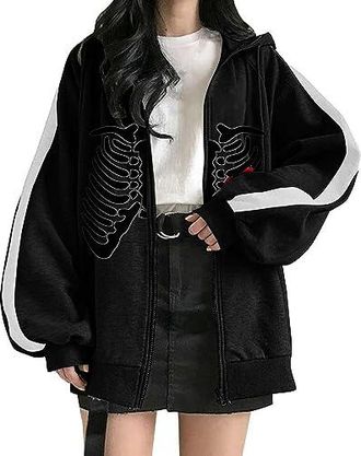 Generic Veste d&eacute;contract&eacute;e &agrave; capuche pour femme 2026 avec fermeture &eacute;clair et poche &agrave; cordon de serrage Motif squelette dHalloween, Noir, XXL