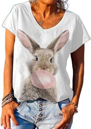 Generic T-shirt imprim&eacute; lapin amusant pour femme, mignon l&eacute;opard raisin, chemises de P&acirc;ques &agrave; manches courtes, blanc, XXL