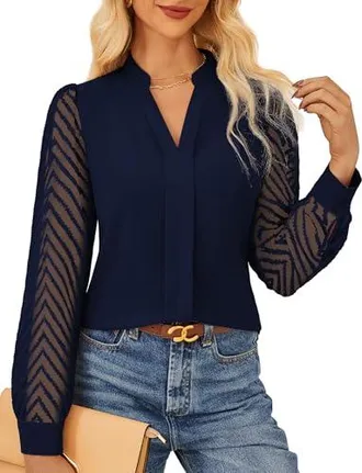 Grace Karin Chemisier &eacute;l&eacute;gant pour femme &agrave; manches textur&eacute;es semi-transparentes, chemise de travail de bureau, haut classique &agrave; col Henry en V, bleu marine, L