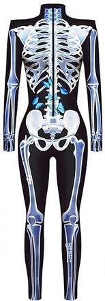 Ocean Plus Femme Halloween Squelette Numérique Combinaison Slim Coupe Manches Longues Collant Une Pièce (XL, Squelette de papillon bleu)