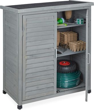 Relaxdays Gartenschrank, 3 F&auml;cher, Flachdach mit Neigung, Doppelt&uuml;r, HBT: 97 x 86,5 x 47 cm, Werkzeugschrank Holz, Grau
