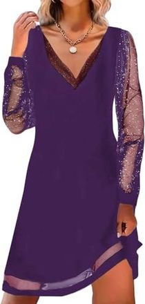 TOMWELL Robe Femme Sexy Col en V Rétro Mini Robe en Maille Manches Longues Taille Haute Elégante en Tulle Robe Fête Shirt Robes A Violet 3XL
