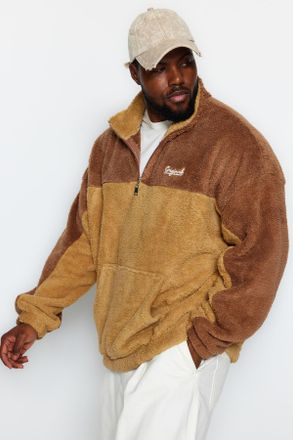 Trendyol MAN Herren Braun Colour-Block Lang Oversize Gro&szlig;e Gr&ouml;&szlig;en Sweatshirts