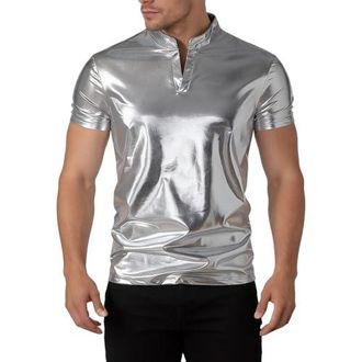 Generic T-shirt brillant pour homme, col montant, coupe ajust&eacute;e, col en V &eacute;tincelant, t-shirt disco v&ecirc;tements tendance, pour &eacute;v&eacute;nements de mode, Argent&eacute;., M