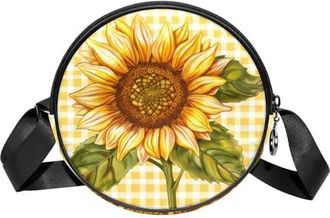 Generic Petit sac &agrave; bandouli&egrave;re rond pour femme, motif tournesol avec fermeture &eacute;clair, bretelles r&eacute;glables, style d&eacute;contract&eacute;, pour femmes et filles