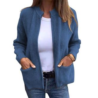 Generic Veste tricotée à col rond et fermeture éclair pour femme - Manches longues - Style décontracté - Avec poches, bleu, 4XL