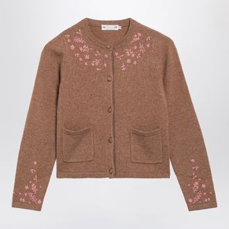 BONPOINT Beige Strickjacke aus Wollmischung mit Blumenstickerei