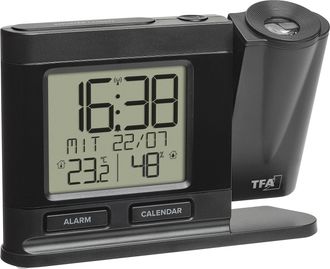 TFA Dostmann Projektionswecker Funk, 60.5017.01, Digitale Funkuhr, mit Netzteil, inkl Thermo-Hygrometer, dimmbar, Schlafzimmeruhr, schwarz, (L) 149 x (B) 38 x (H) 