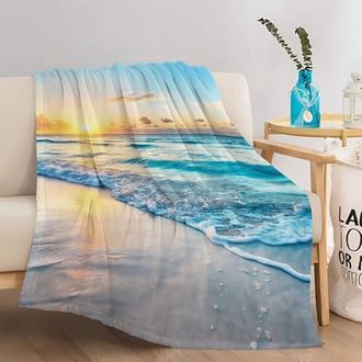 Generic Couverture Polaire Bleu Clair, Vagues Naturelles Au Coucher du Soleil Motif Couvertures Douce et Chaude pour Lit Sofa siège dauto, 130 x 150 cm Couver