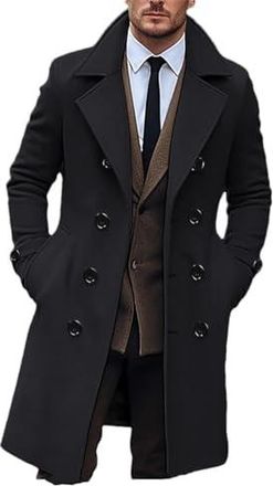 Generic Manteau long en laine pour homme décontracté et double boutonnage, Noir, L