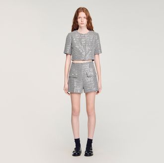 Sandro Short tweed à sequins pied-de-poule