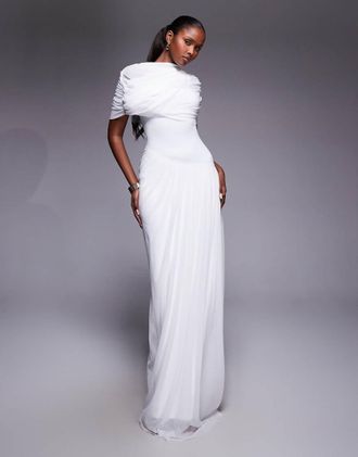 Heiress Beverly Hills Robe longue en tulle &agrave; taille basse et d&eacute;tail drap&eacute; asym&eacute;trique - Blanc