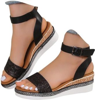 Generic Sandales compens&eacute;es &agrave; bout ouvert et bride arri&egrave;re pour femme avec noeud lat&eacute;ral, style d&eacute;contract&eacute;, talon mi-bas, toile avec noeud papillon, Td Noir,