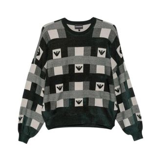 Emporio Armani Rundhals-Pullover mit Karomuster-Intarsien und Logo - - Knitwear - Damen - Grau - XL