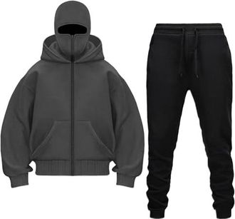 Generic Ensembles jogging Homme Sweat &agrave; Capuche Zipp&eacute; Homme + Pantalon Veste Chaude Hoodie Balaclava Cagoule Moto Masque Anti-Vent pour Sports de Plein Air V&eacute;