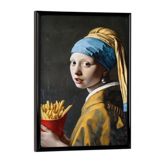 artboxONE Poster mit schwarzem Rahmen 18x13 cm Streetart Mdchen mit den Pommes - Bild mdchen lustig mdchen