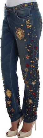 Dolce & Gabbana Femme, Jeans, Bleu, Taille: 40 FR Jean Boyfriend Ornés de Coeur en Cristal et Roses