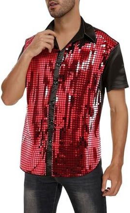 Generic Chemise pour homme &agrave; paillettes &agrave; manches courtes et col &agrave; revers - Chemise &agrave; boutons scintillants - Coupe d&eacute;contract&eacute;e - Costume de f&ecirc;te discoth&egrave;que,