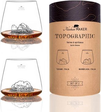 Alaskan Maker Whiskeygl&auml;ser 350ml (2er-Set) - Premium Borosilikatglas, handgeblasen mit reliefartigen Bergen | Tulpenform | TOPOGRAPHIC Spirituosen (Tofane & Marmol