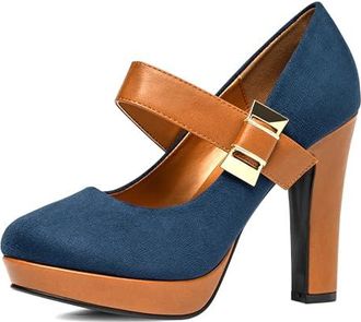 Generic Chaussures &agrave; Talons Hauts Mary Jane pour Femmes &agrave; Semelle Plateforme Classique Talon Epais Bout Rond Dessus Doux Design Bicolore Adapt&eacute;es aux F&ecirc;tes et
