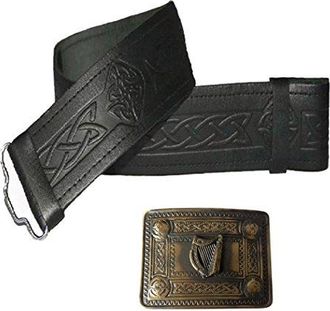 Maze Ceinture de kilt en cuir gaufré et boucle de harpe irlandaise antique - 2 pièces - Noir - XXX-Large