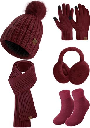 Heekpek Mütze Schal Handschuhe Ohrenschützer und Socken Set Damen 5 Stücke Warme Wintermütze Winterschal Strick Winterzubehör Winterset 5 in 1, Weinrot
